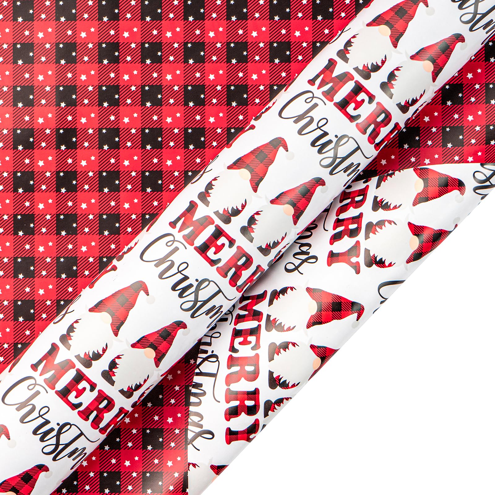LeZakaa Reversible Christmas Wrapping Paper - Jumbo Roll - Gnome & Buffalo Plaid - 30 inches x 100 Feet (250 sq.ft.)