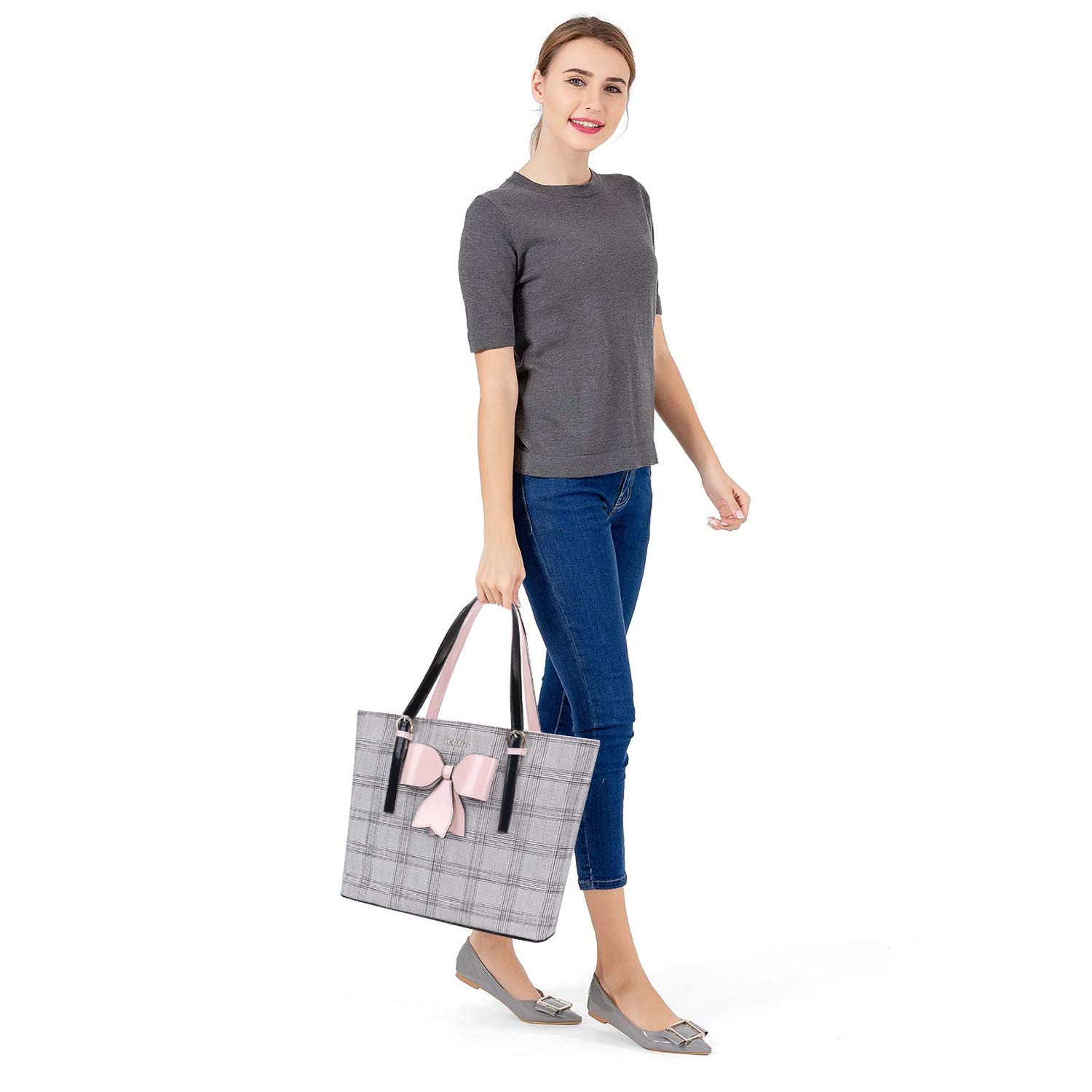 MOSISO Laptop Tote Bag Compatible with MacBook Pro 14 inch M4 M3 M2 M1,Compatible with MacBook Air/Pro,13-13.3 inch Notebook, PU Leather Large Capacity Work Bag Travel Handbag with Grid MO-GID002LTBR