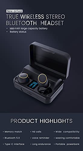 HayKee Wireless Earbuds, Bluetooth 5.0 in-Ear TWS Stereo HiFi Headphones with 5000mah Smart LED Display Charging Case. Auto Pairing/Touch Control/Built-in Dual Mic/IPX7 Waterproof/Long Battery Life