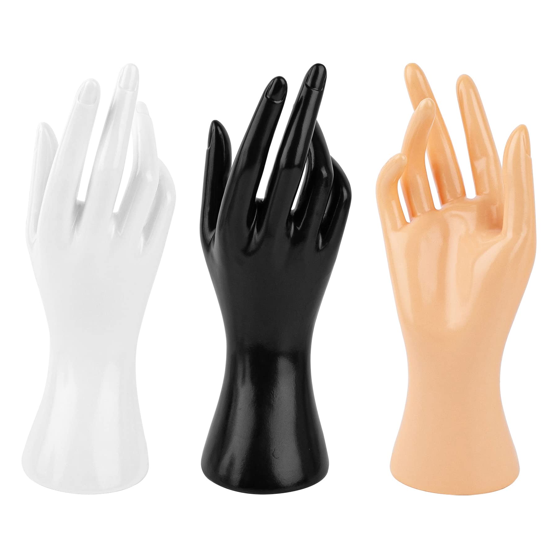 Framendino, Female Mannequin Hand Jewelry Display Holder Stand for Bracelet Necklace Ring Plastic (Black & White Flesh, 3 Pack)