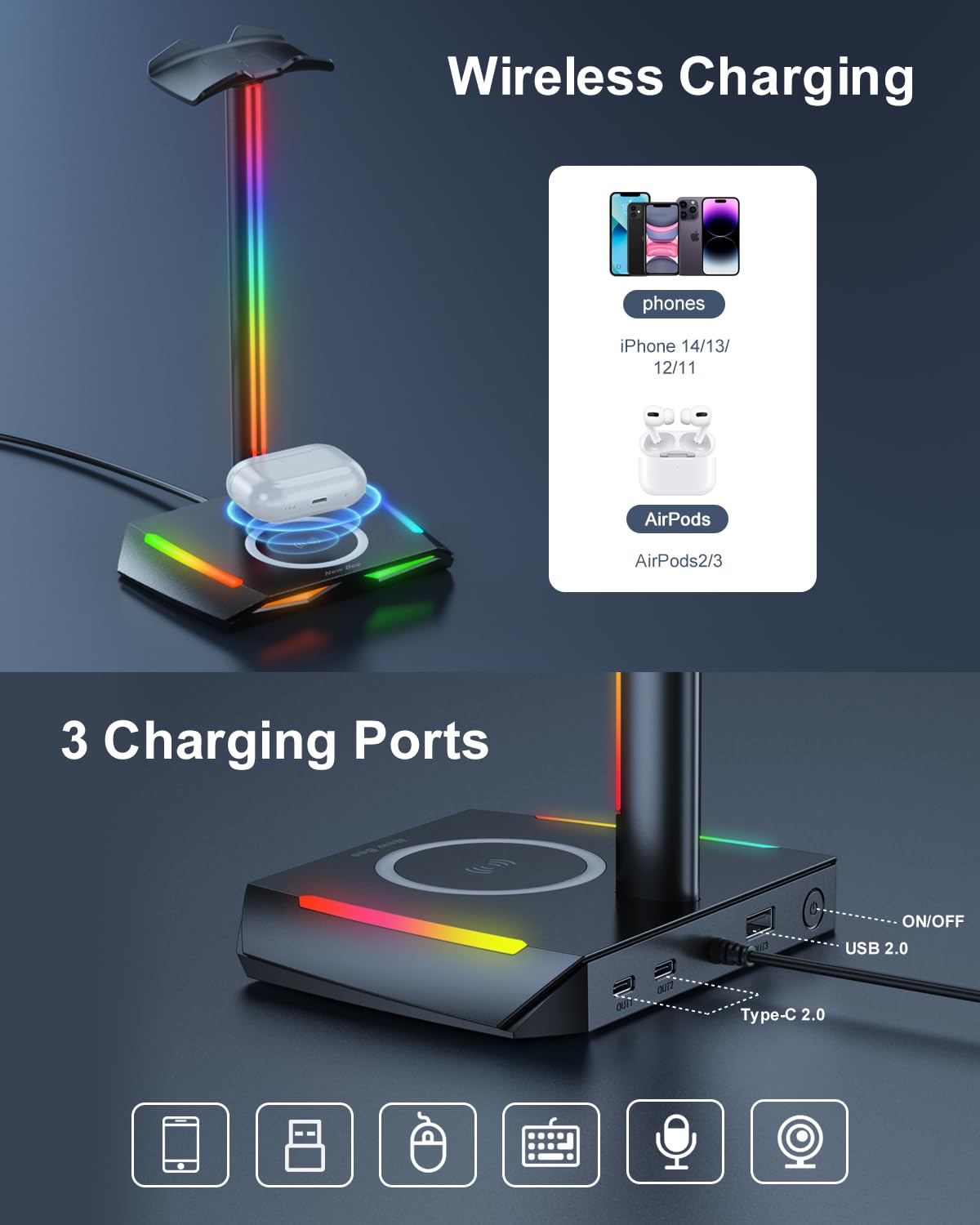 New bee RGB Headphone Stand with 2 USB-C & 1 USB Charging Ports, Desk Gaming Headset Holder with 7 Light Modes and Non-Slip Rubber Base Suitable for All Earphone Accessories