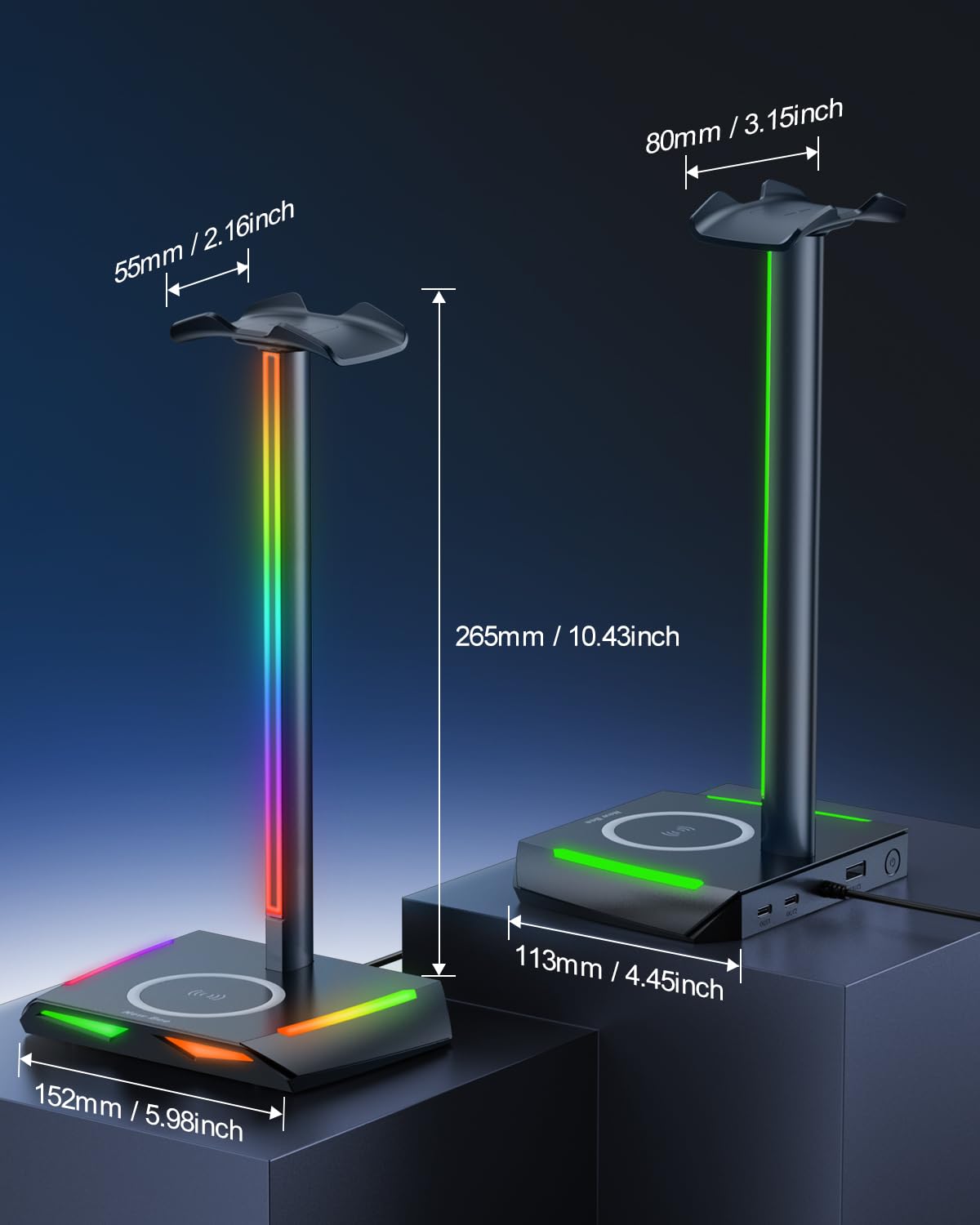 New bee RGB Headphone Stand with 2 USB-C & 1 USB Charging Ports, Desk Gaming Headset Holder with 7 Light Modes and Non-Slip Rubber Base Suitable for All Earphone Accessories