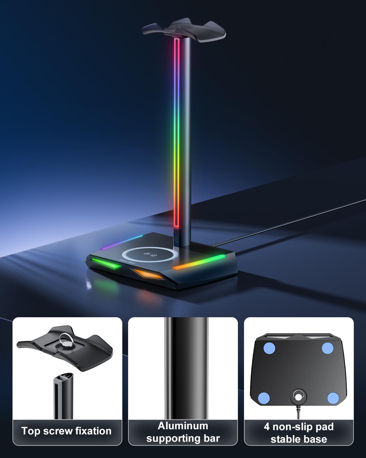New bee RGB Headphone Stand with 2 USB-C & 1 USB Charging Ports, Desk Gaming Headset Holder with 7 Light Modes and Non-Slip Rubber Base Suitable for All Earphone Accessories