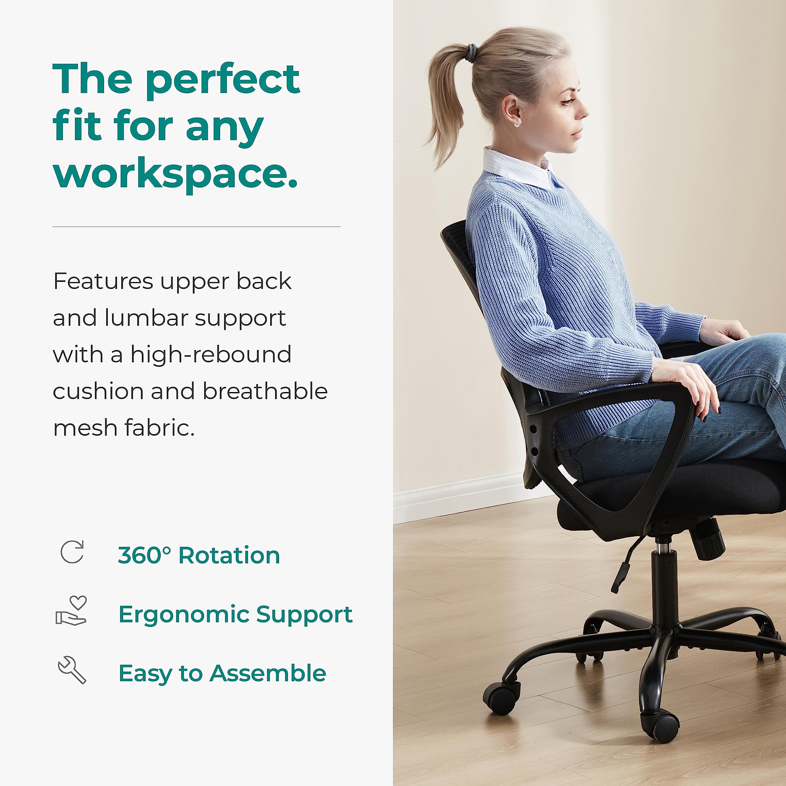 Office Chair, Ergonomic Desk Chair, Mid Back Mesh Computer Chair, Height Adjustable Rolling Swivel Task Chair with Armrests and Lumbar Support