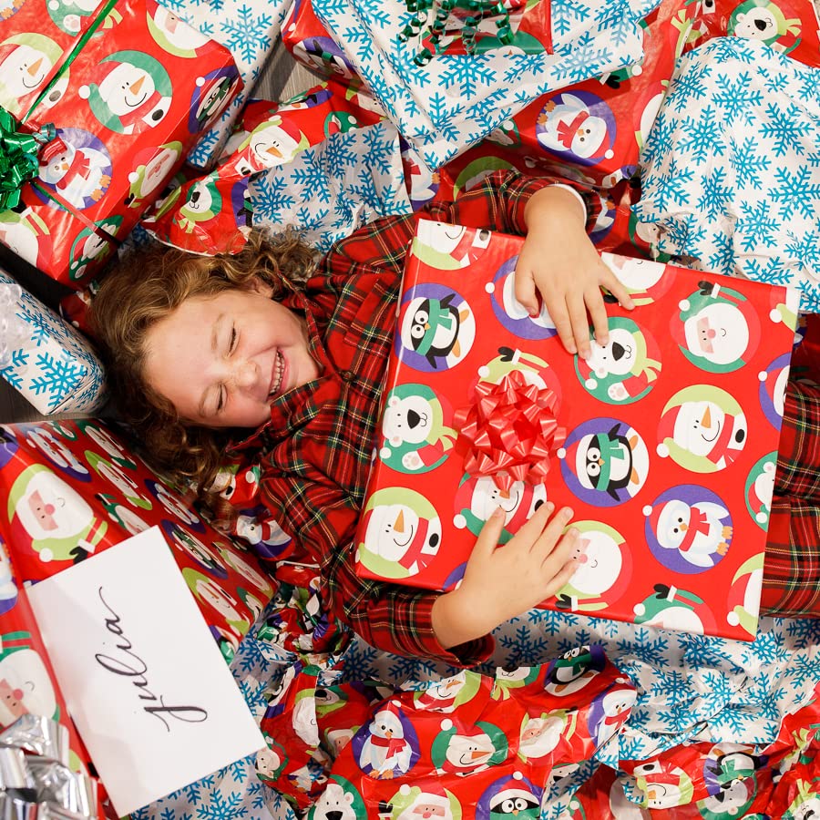 American Greetings 160 sq. ft. Reversible Kids Christmas Wrapping Paper Bundle, Santa, Snowflakes and Snowmen (4 Rolls 30 in. x 16 ft.)