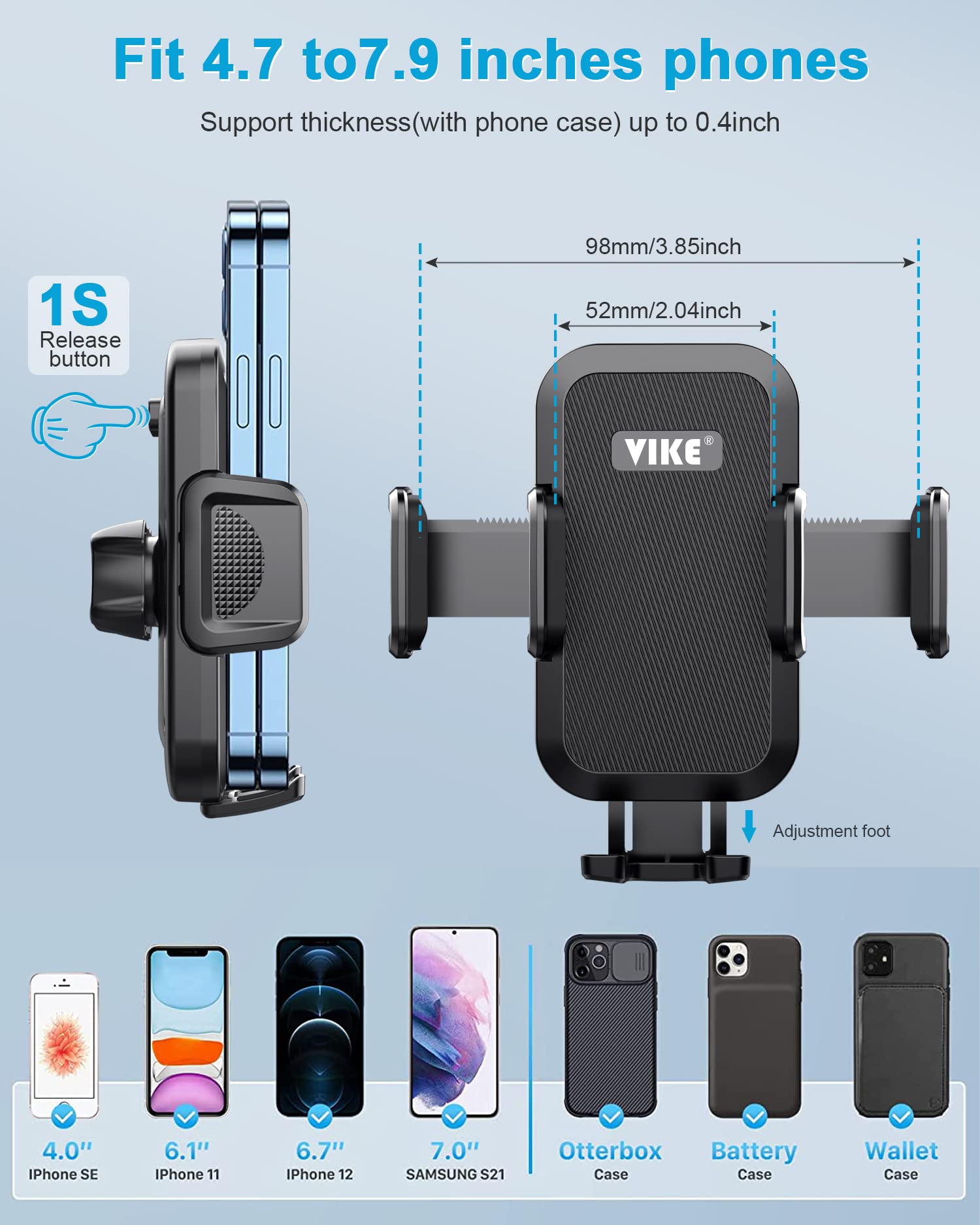 VIKE 2023 Upgraded Car Phone Holder Mount - [ Bumpy Roads Friendly ] Phone Mount for Car Dashboard Windshield Air Vent 3 in 1, Hand Free Mount for iPhone 14 13 12 Pro Max All Cell Phones