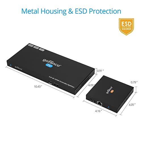 gofanco 1x8 HDMI Extender Splitter Over CAT6/7 β Up to 230ft (70m), 4K 60Hz 4:4:4, HDR, HDCP 2.2, Dual IR, EDID, Loopout, 5.1-ch Digital Audio, Toslink Audio Extraction, RS232 Control (HD20Ext-8P)