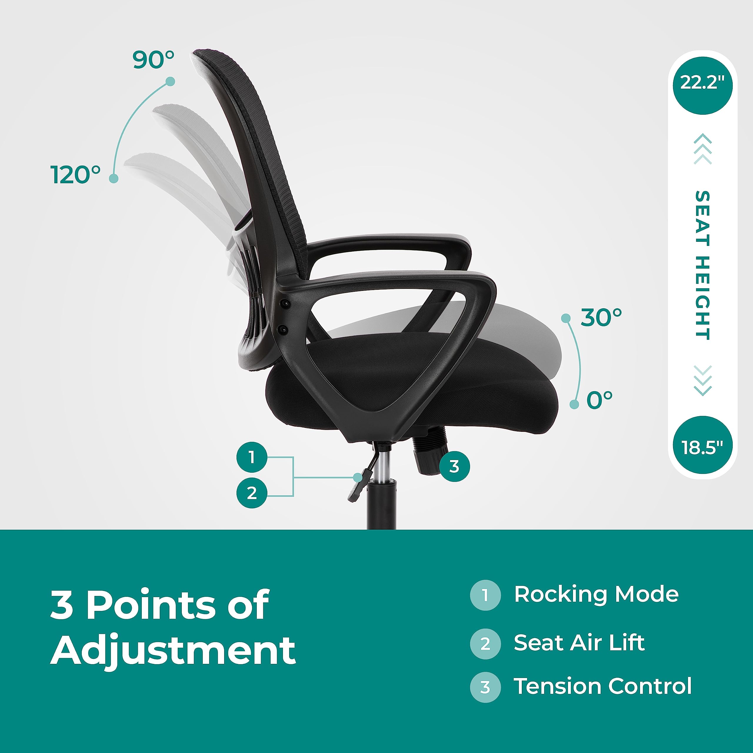 Office Chair, Ergonomic Desk Chair, Mid Back Mesh Computer Chair, Height Adjustable Rolling Swivel Task Chair with Armrests and Lumbar Support