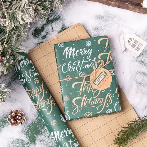 RUSPEPA Kraft Christmas Wrapping Paper Roll - Mini Roll - Green White Gold Greeting Design for Holiday Gift Wrap - 17 Inches X 32.8 Feet