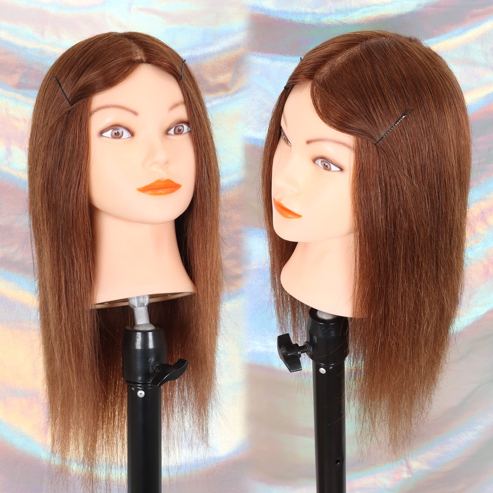 Mannequin Head with 100% Human Hair 20-22" Cosmetology Mannequin Head with Real Hair for Hairdresser Manikin Head Doll Head for Practice and Hair Cutting with Free Clamp & Hairdressing Tools (Brown)
