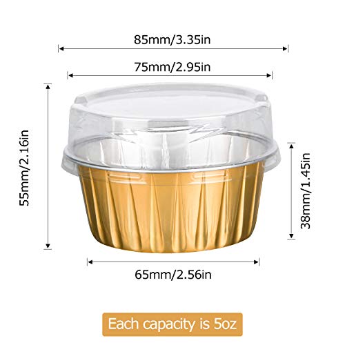 Dessert Containers with Lids,50-Pack Gold Aluminum Foil Baking Muffin Liners Cups Holders, Reusable Dessert Pudding Cups for Wedding,Christmas,Kitchen,Birthday Party,Various Parties