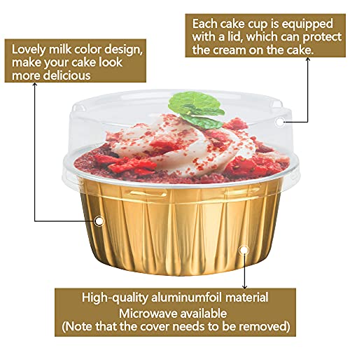 Dessert Containers with Lids,50-Pack Gold Aluminum Foil Baking Muffin Liners Cups Holders, Reusable Dessert Pudding Cups for Wedding,Christmas,Kitchen,Birthday Party,Various Parties