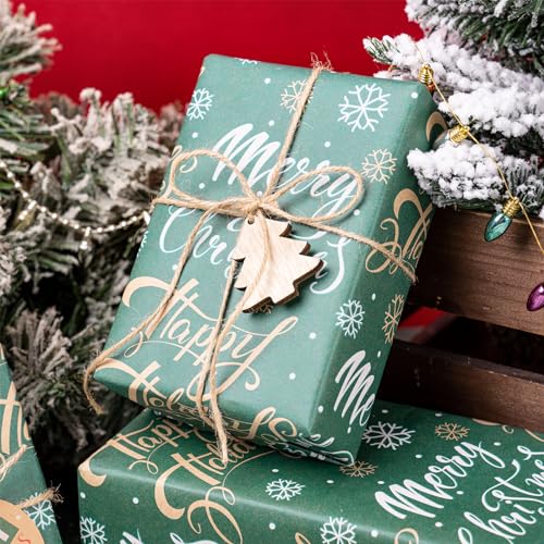 RUSPEPA Kraft Christmas Wrapping Paper Roll - Mini Roll - Green White Gold Greeting Design for Holiday Gift Wrap - 17 Inches X 32.8 Feet