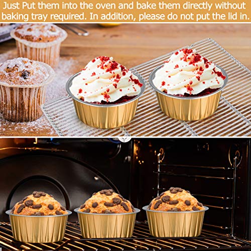 Dessert Containers with Lids,50-Pack Gold Aluminum Foil Baking Muffin Liners Cups Holders, Reusable Dessert Pudding Cups for Wedding,Christmas,Kitchen,Birthday Party,Various Parties