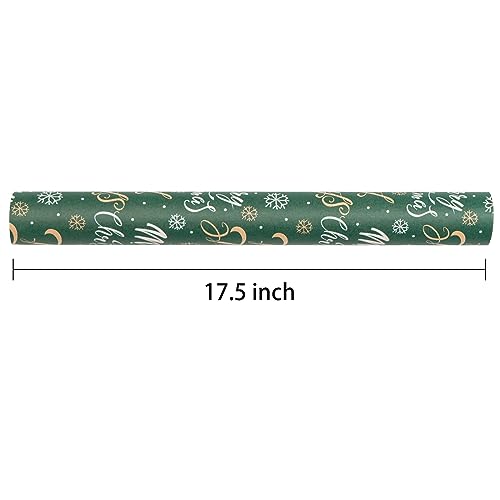 RUSPEPA Kraft Christmas Wrapping Paper Roll - Mini Roll - Green White Gold Greeting Design for Holiday Gift Wrap - 17 Inches X 32.8 Feet