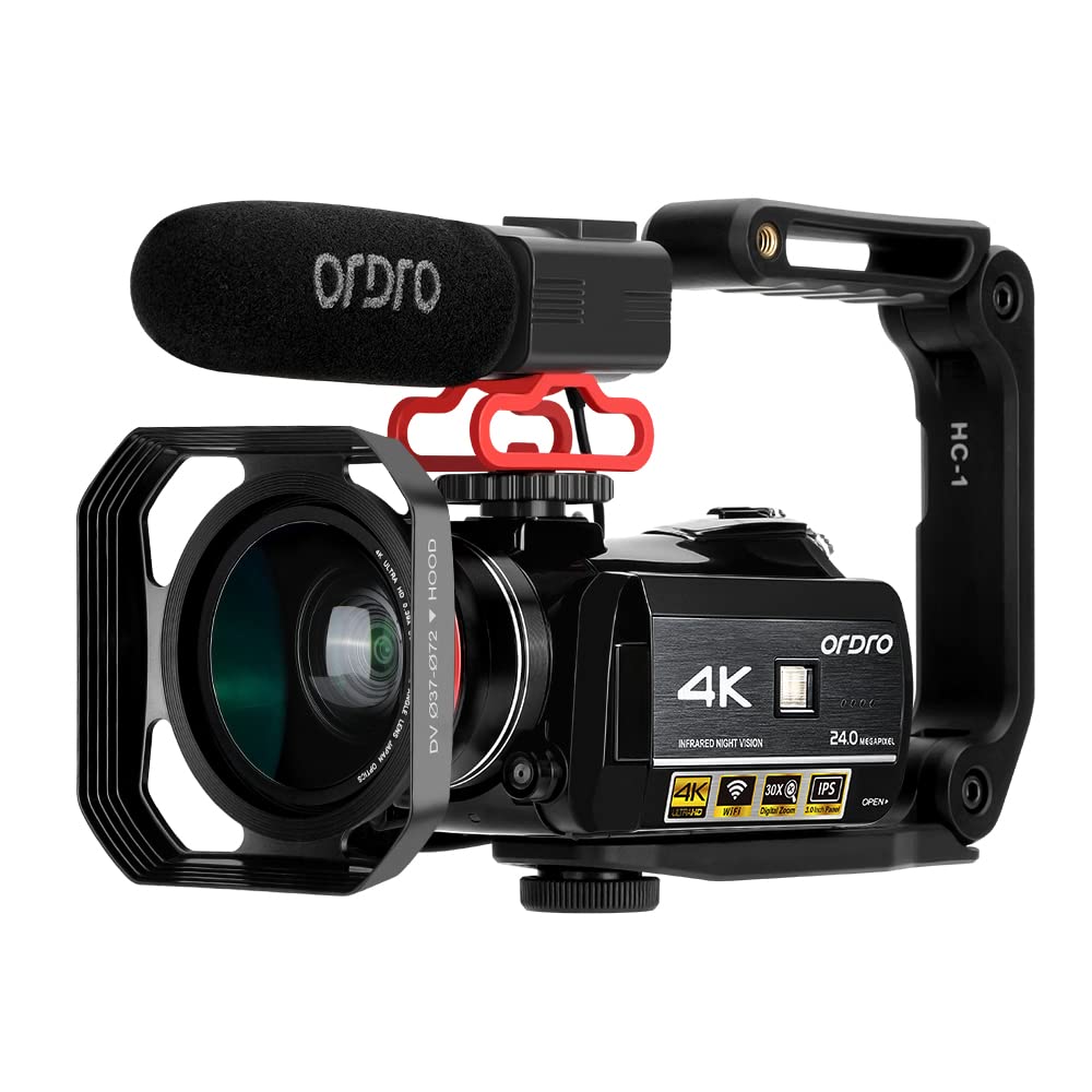 ORDRO AC3 Ultra HD 4K Camcorder Digital Zoom Video Camera 1080P 60FPS IR Night Vision, IPS Touch Screen, Vlog Recorder with Microphone,Wide Angle Lens, Lens Hood,Stabilizer, 64GB Memory Card