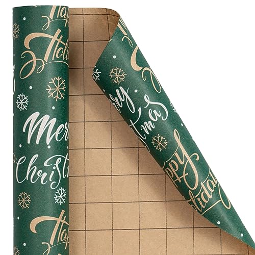 RUSPEPA Kraft Christmas Wrapping Paper Roll - Mini Roll - Green White Gold Greeting Design for Holiday Gift Wrap - 17 Inches X 32.8 Feet