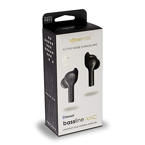 BoomPods Bassline ANC True Wireless β Active Noise Cancelling Bluetooth in-Ear Headphones, Water/Sweat Resistant, Compact Travel Charging Case (Black)
