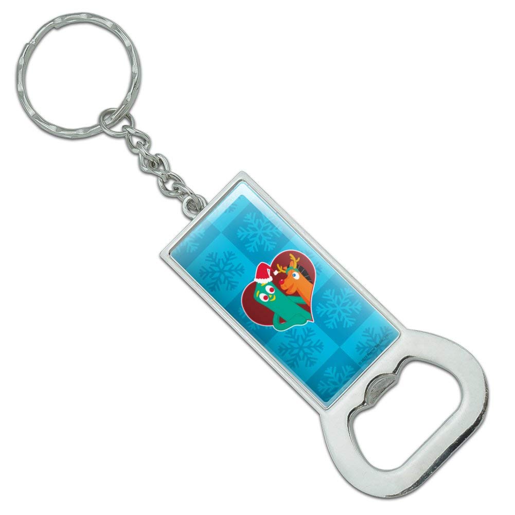 Christmas Gumby And Pokey In Heart With Santa Hat and Red Nose Keychain Rectangle Chrome Plated Metal Bottle Cap Opener