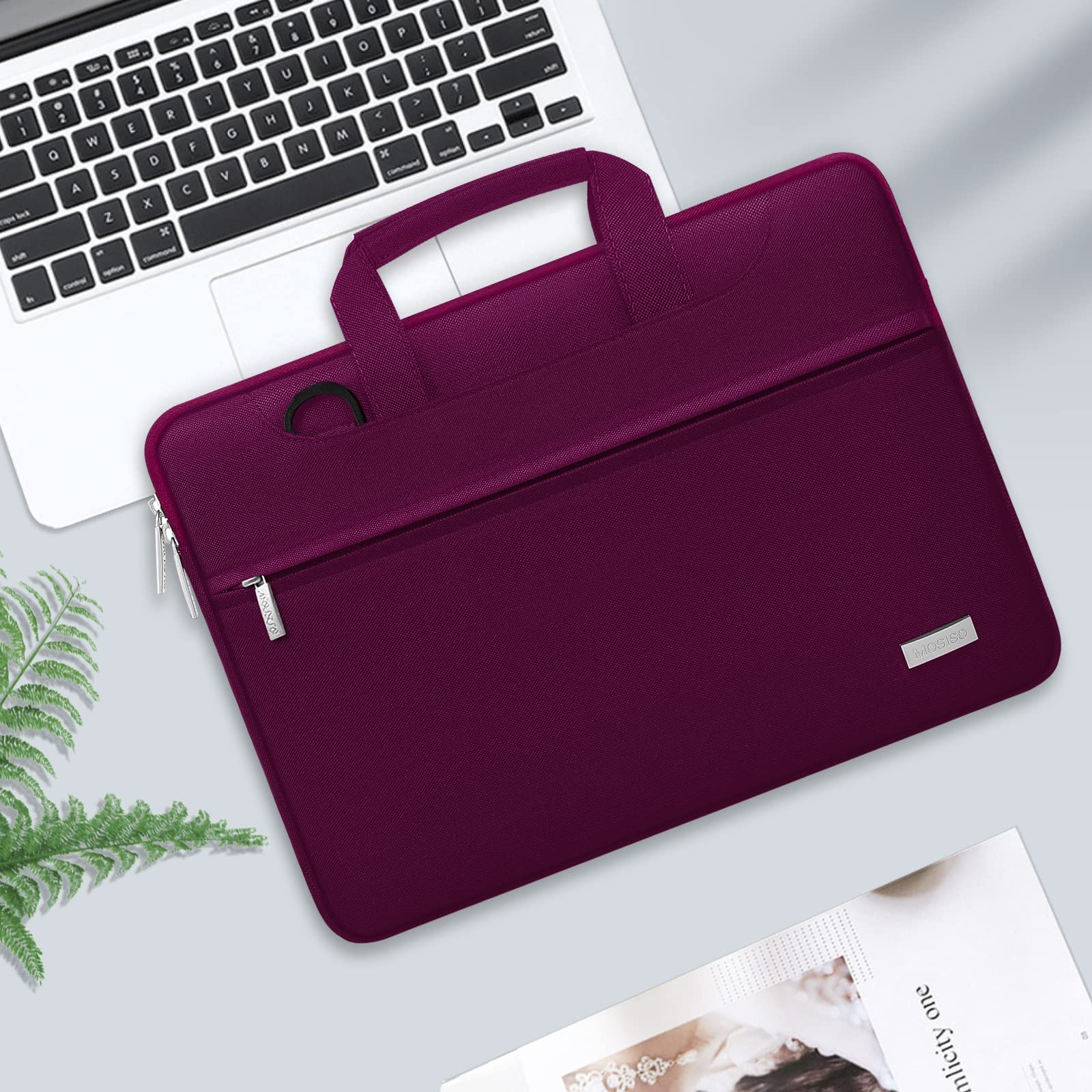 MOSISO Laptop Shoulder Bag Compatible with MacBook Air/Pro,13-13.3 inch Notebook,Compatible with MacBook Pro 14 inch 2023-2021 A2779 M2 A2442 M1, Polyester Sleeve with Back Trolley Belt, Burgundy