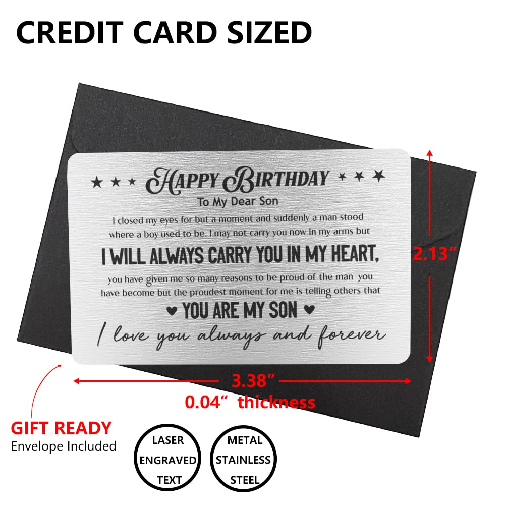 Renaissancey Son Birthday Card, Laser Engraved Wallet Card, Unique Gift for Son, Stainless Steel, 3.38"x2.13"x0.04"