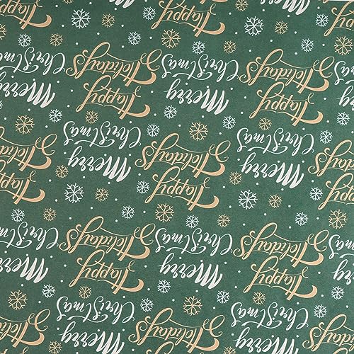 RUSPEPA Kraft Christmas Wrapping Paper Roll - Mini Roll - Green White Gold Greeting Design for Holiday Gift Wrap - 17 Inches X 32.8 Feet