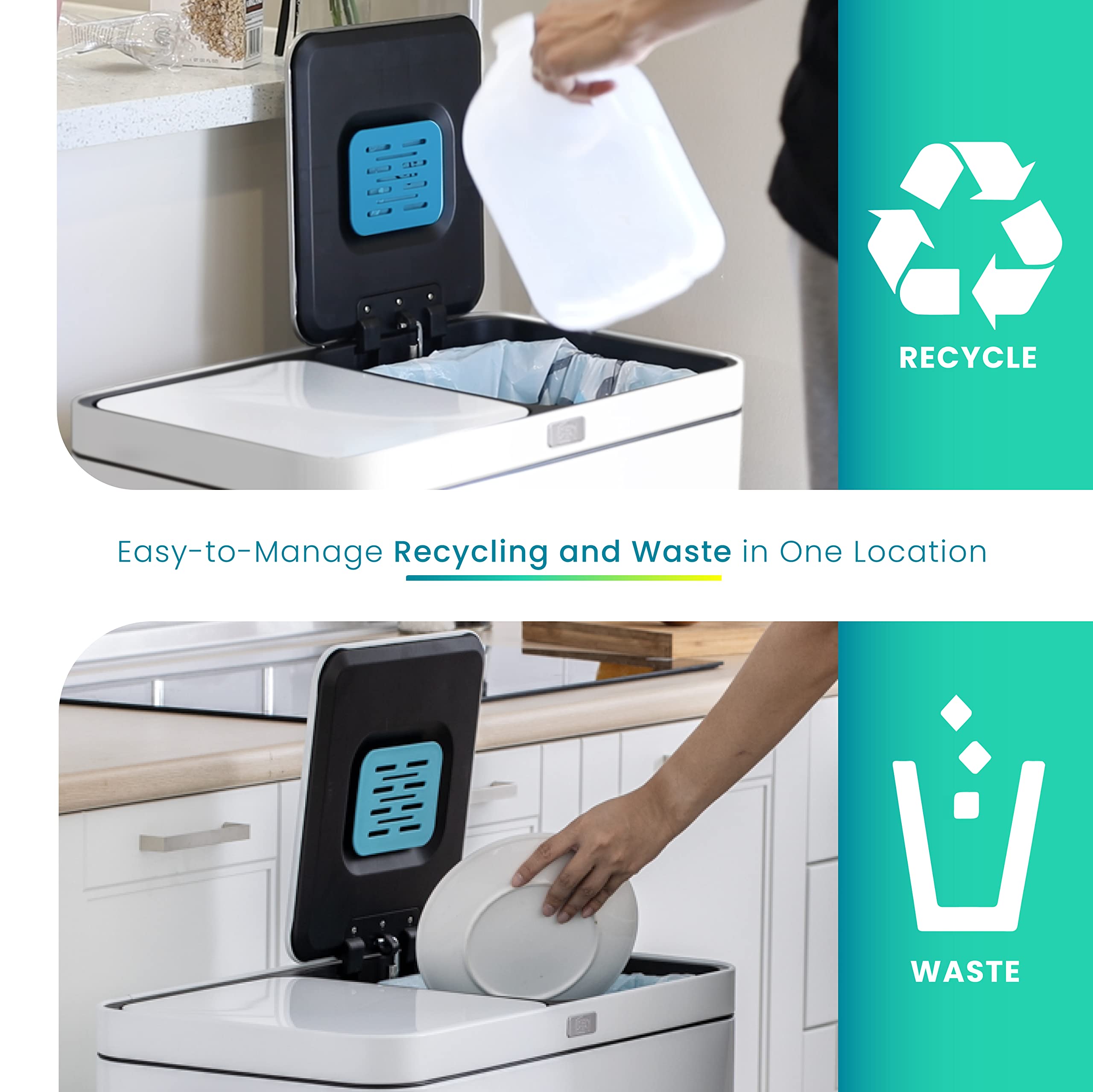 Home Zone Living 15.8 Gallon Kitchen Trash Can, Dual Removable Liners for Recycling and Trash, CleanAura Odor Control, Wide Stainless Steel Shape, Matte White (7.9 + 7.9 for 15.8 Gallon Total)