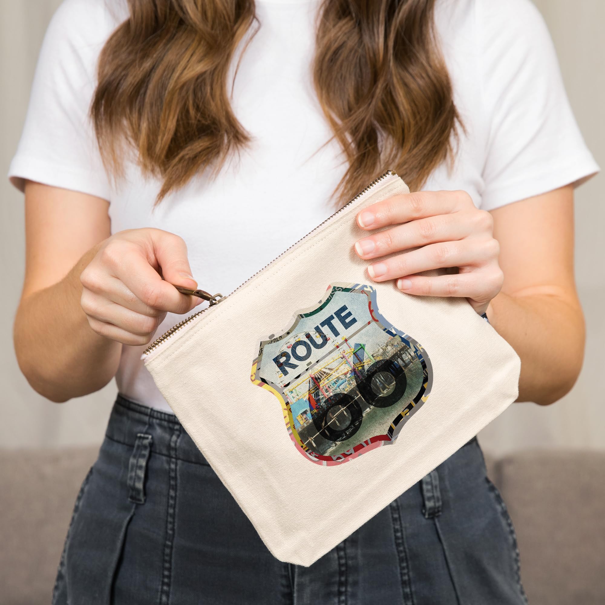 Lantern Press Santa Monica, California, Route 66 License Plates, Pier, 100% Cotton Zipper Pouch, Travel Accessory, Go Bag
