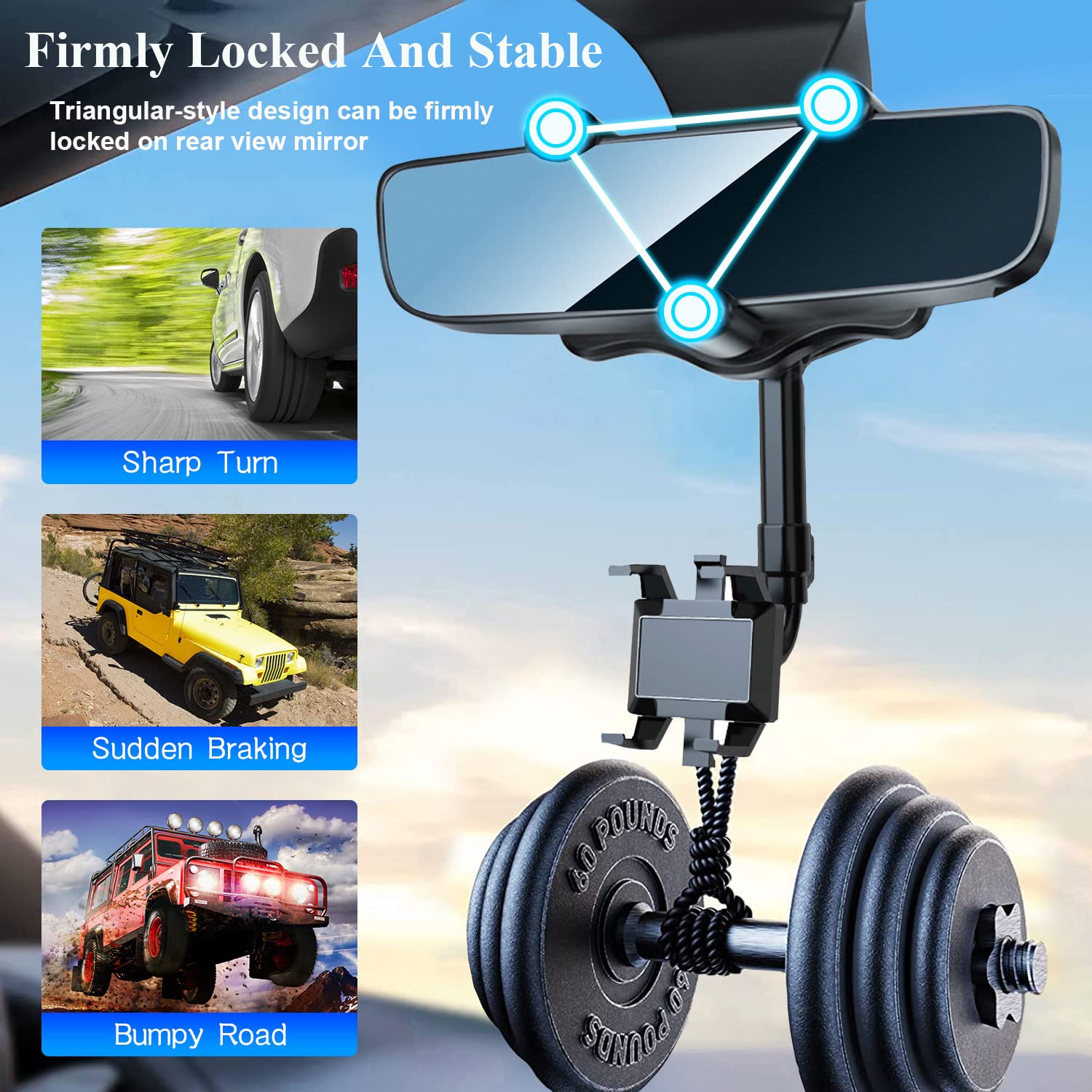 Kairiyard Car Phone Holder Mount, Car Rearview Mirror Phone Holder 360°Rotatable and Retractable Multifunctional Universal Cell Phone Mount Stand for All Mobile Phones