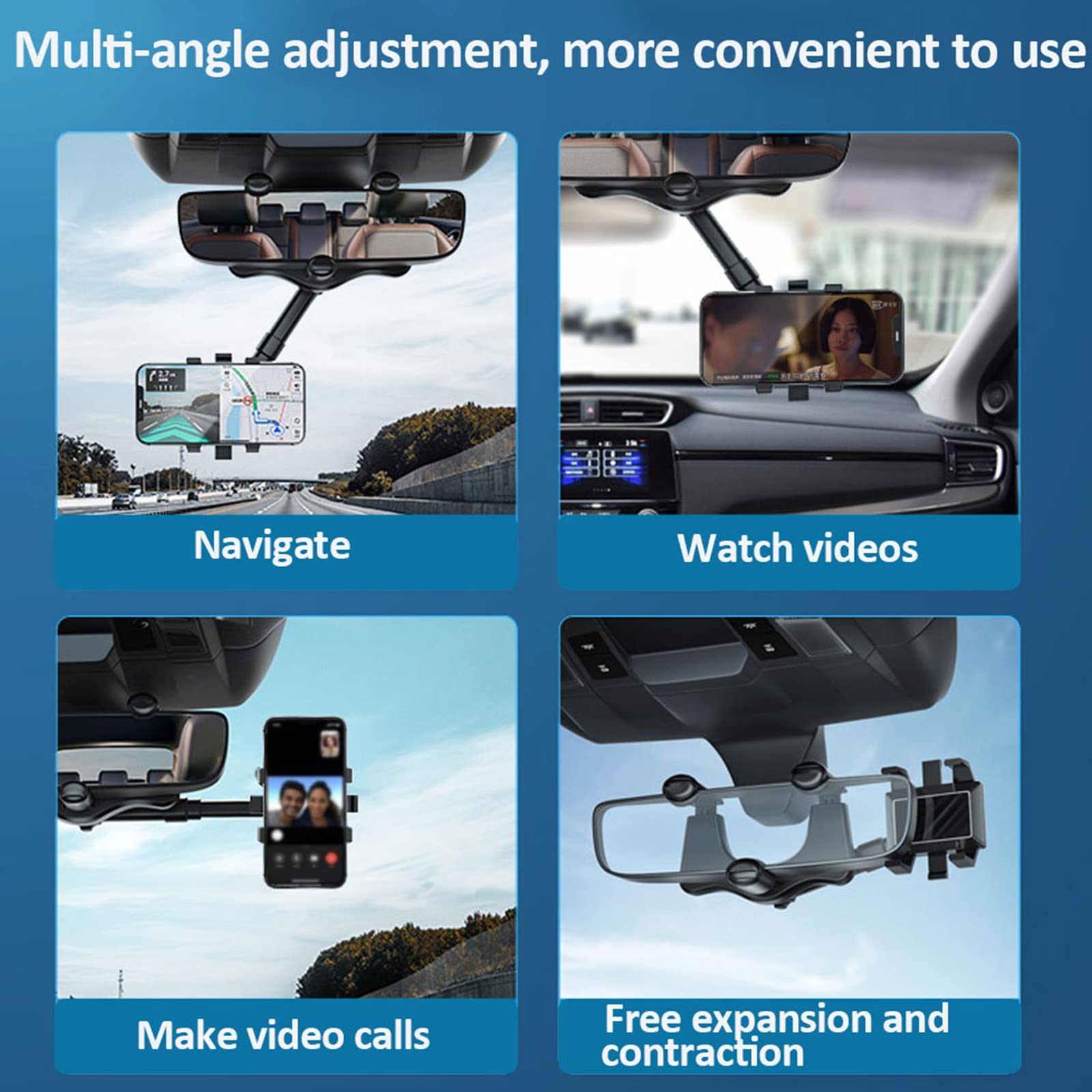Kairiyard Car Phone Holder Mount, Car Rearview Mirror Phone Holder 360°Rotatable and Retractable Multifunctional Universal Cell Phone Mount Stand for All Mobile Phones