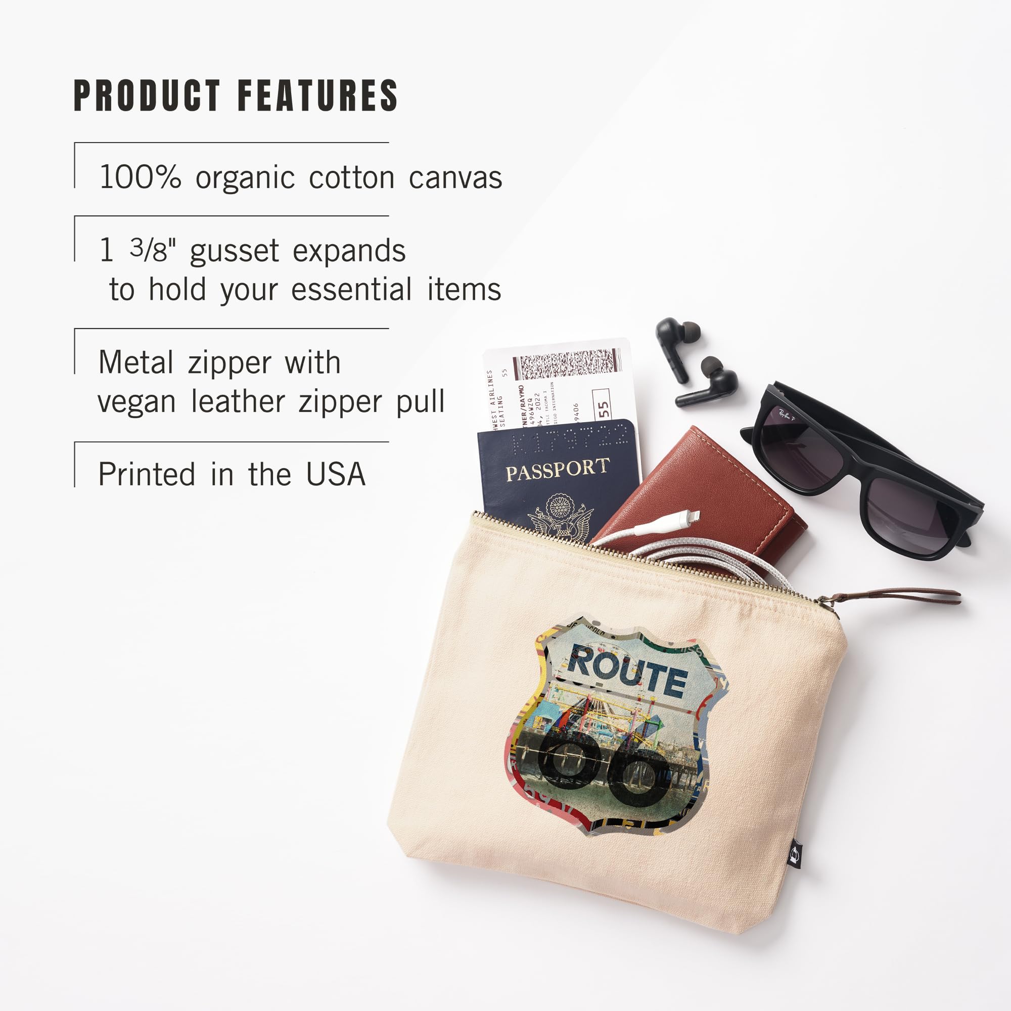 Lantern Press Santa Monica, California, Route 66 License Plates, Pier, 100% Cotton Zipper Pouch, Travel Accessory, Go Bag