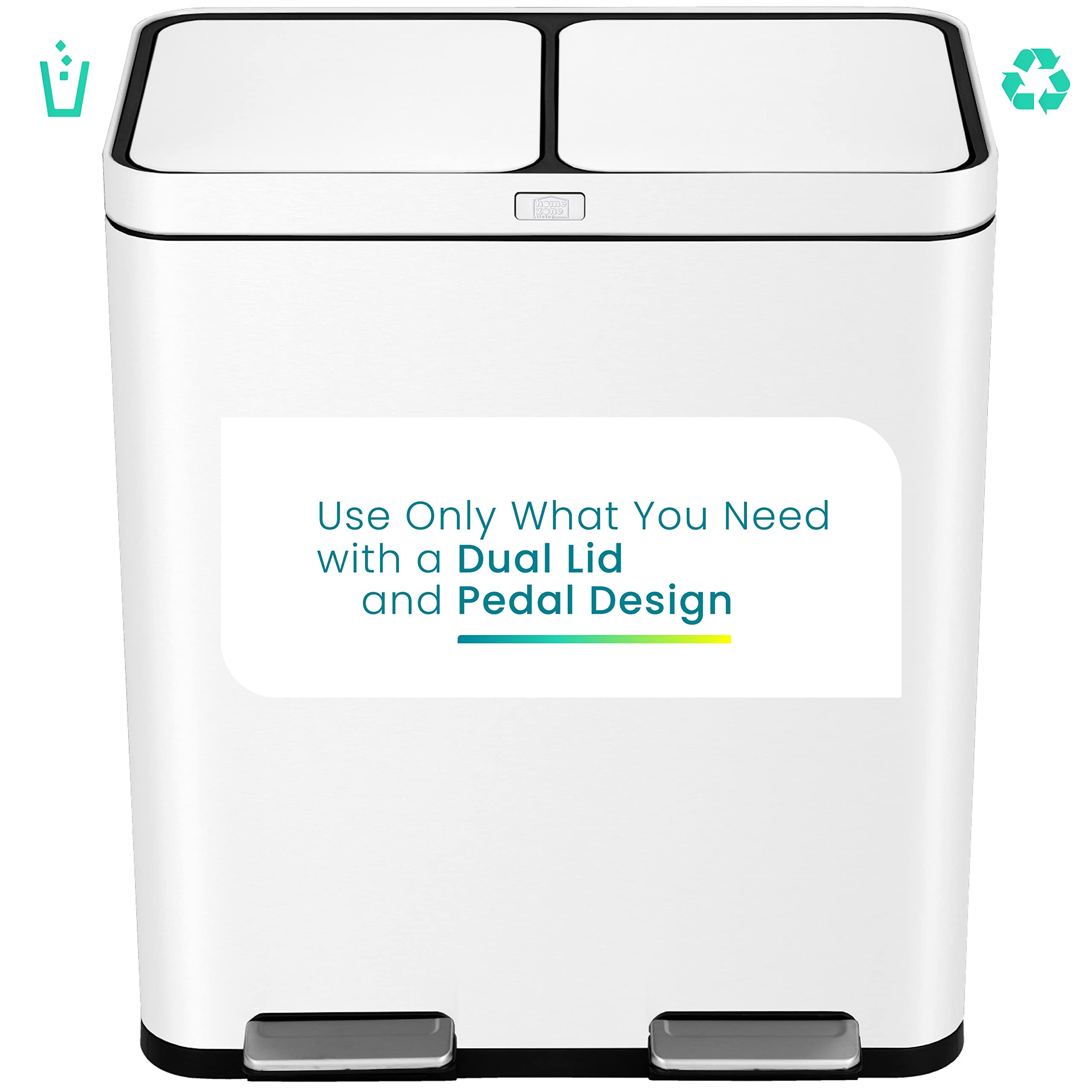 Home Zone Living 15.8 Gallon Kitchen Trash Can, Dual Removable Liners for Recycling and Trash, CleanAura Odor Control, Wide Stainless Steel Shape, Matte White (7.9 + 7.9 for 15.8 Gallon Total)