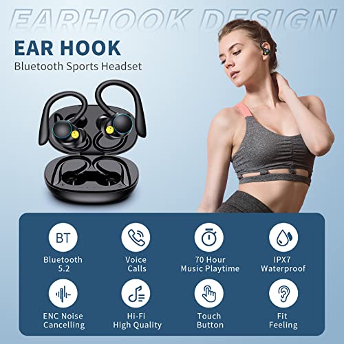 Wireless Earbuds Bluetooth5.2 Headphones 120H Playtime Ear Buds IPX7 Waterproof Bluetooth Earphones, Over-Ear Headphones with 800mAh Charging Case Touch Control for Sport/Running/Work/Gaming