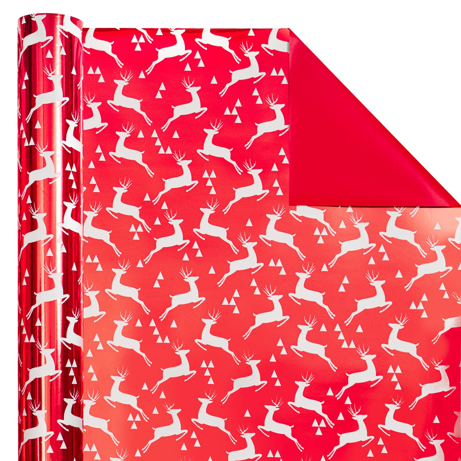 WRAPAHOLIC Reversible Christmas Wrapping Paper - Mini Roll - 17 Inch X 33 Feet - Red Reindeer and Solid Red Design with Metallic Foil Shine for Chrsitmas, Holiday, Party Celebration