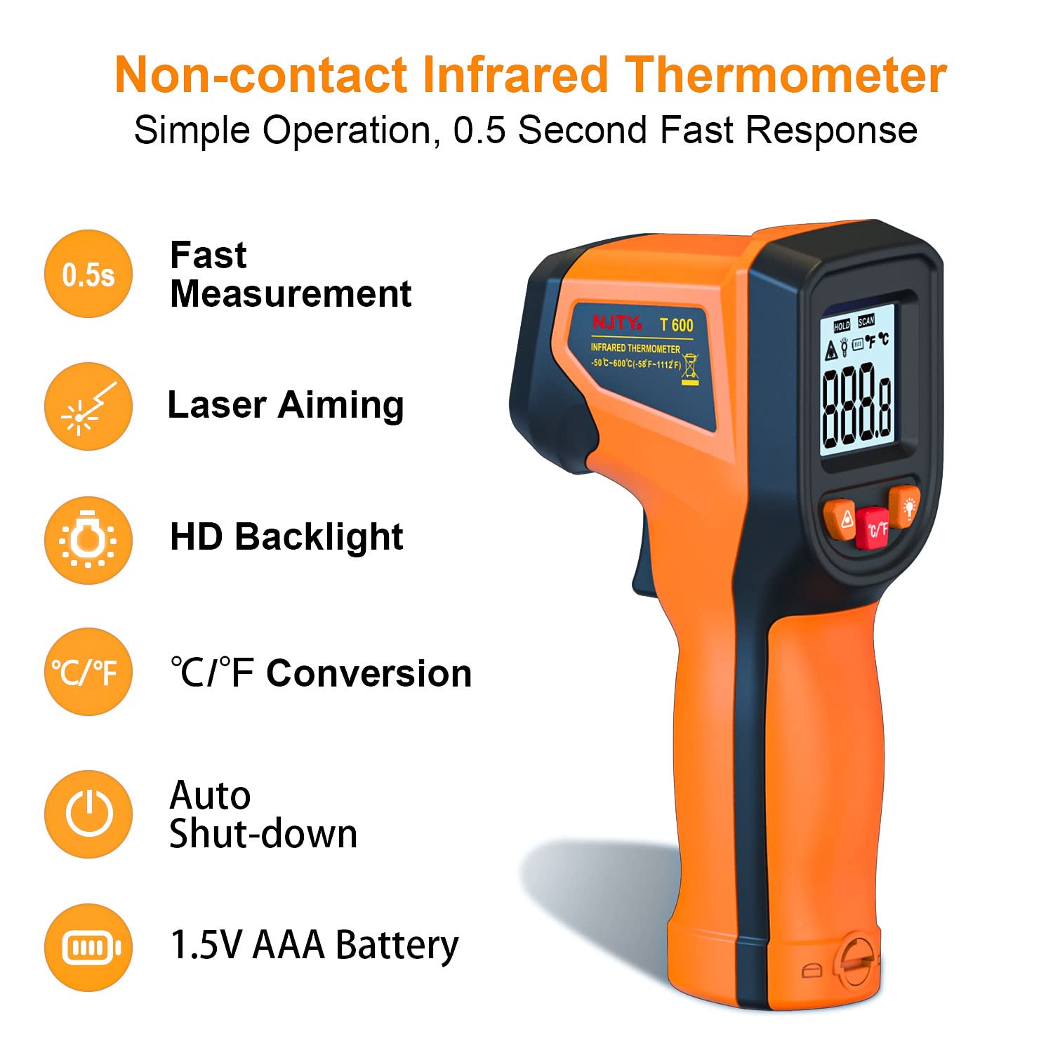 Upgrade 2023 Laser Infrared Thermometer Non-Contact Digital Temperature Gun, -58℉~1112℉(-50℃~600℃) IR Thermometer for Industrial, Kitchen Cooking, Automotive, HVAC (Not for Human Body Temp)