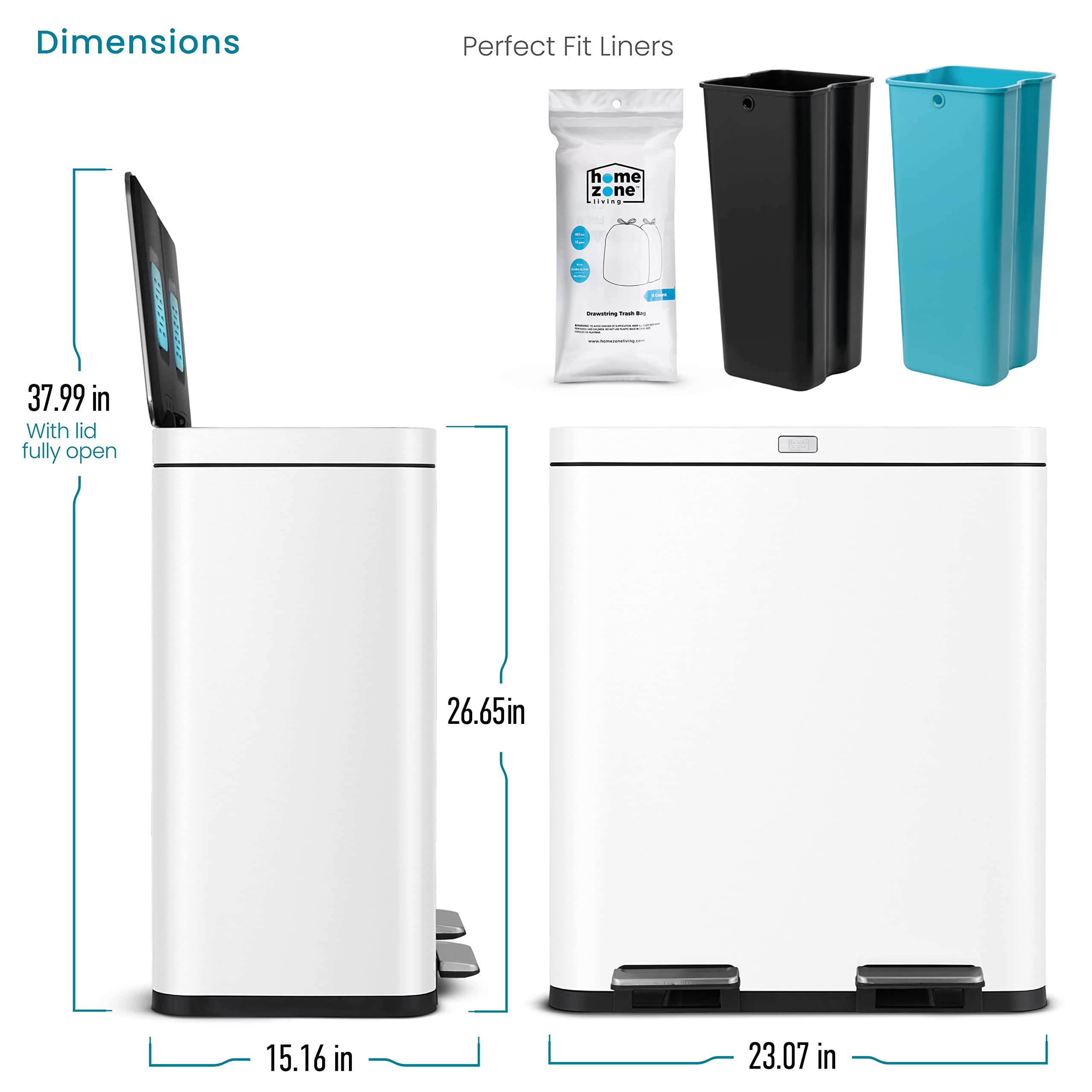 Home Zone Living 15.8 Gallon Kitchen Trash Can, Dual Removable Liners for Recycling and Trash, CleanAura Odor Control, Wide Stainless Steel Shape, Matte White (7.9 + 7.9 for 15.8 Gallon Total)