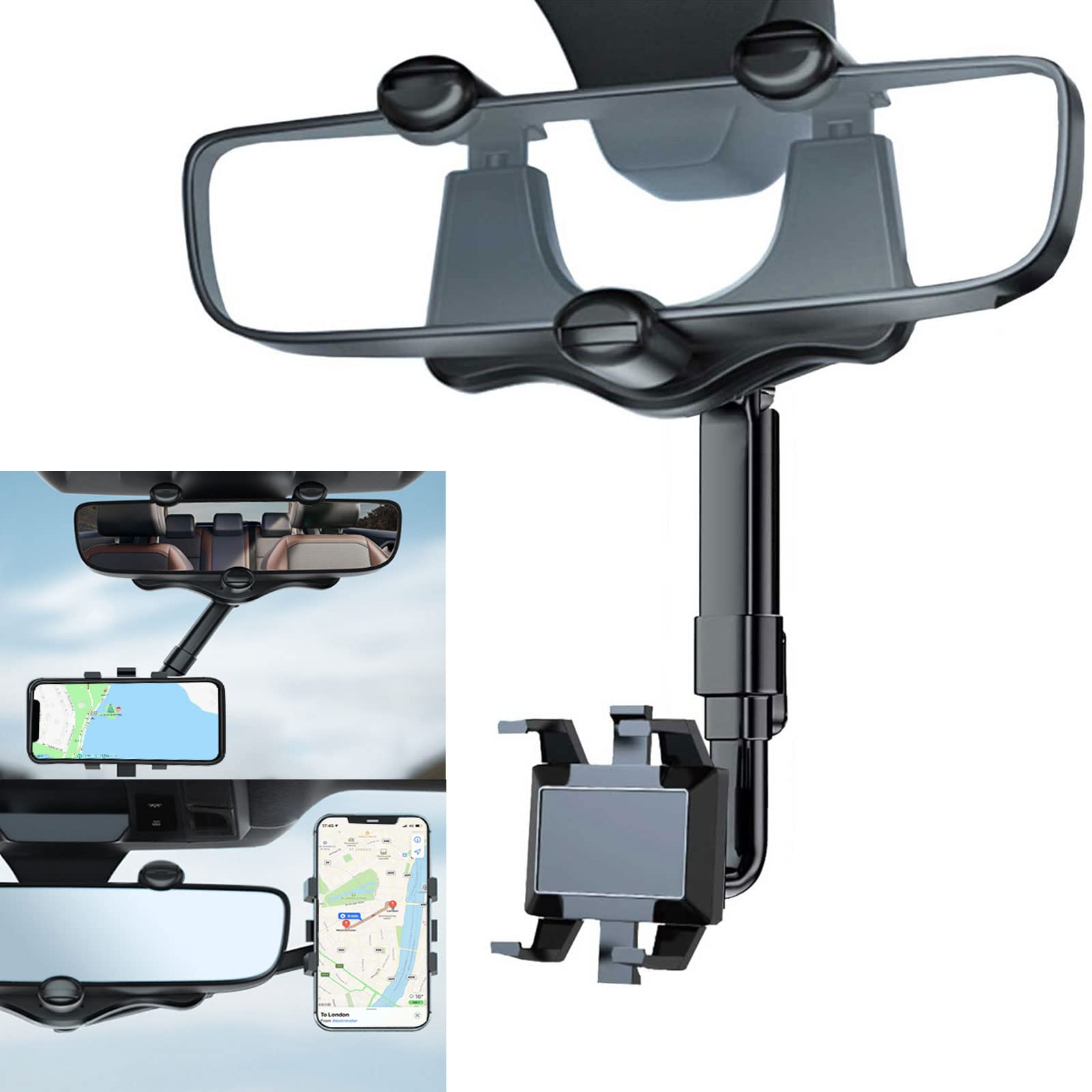 Kairiyard Car Phone Holder Mount, Car Rearview Mirror Phone Holder 360°Rotatable and Retractable Multifunctional Universal Cell Phone Mount Stand for All Mobile Phones