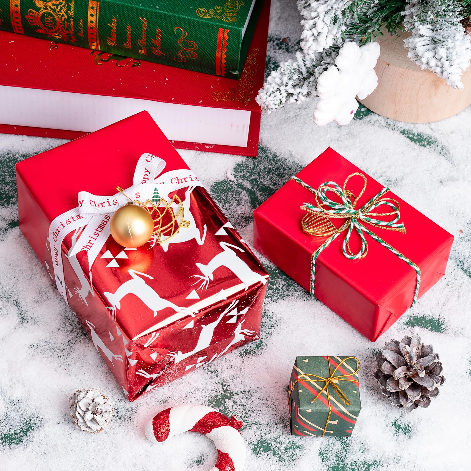 WRAPAHOLIC Reversible Christmas Wrapping Paper - Mini Roll - 17 Inch X 33 Feet - Red Reindeer and Solid Red Design with Metallic Foil Shine for Chrsitmas, Holiday, Party Celebration