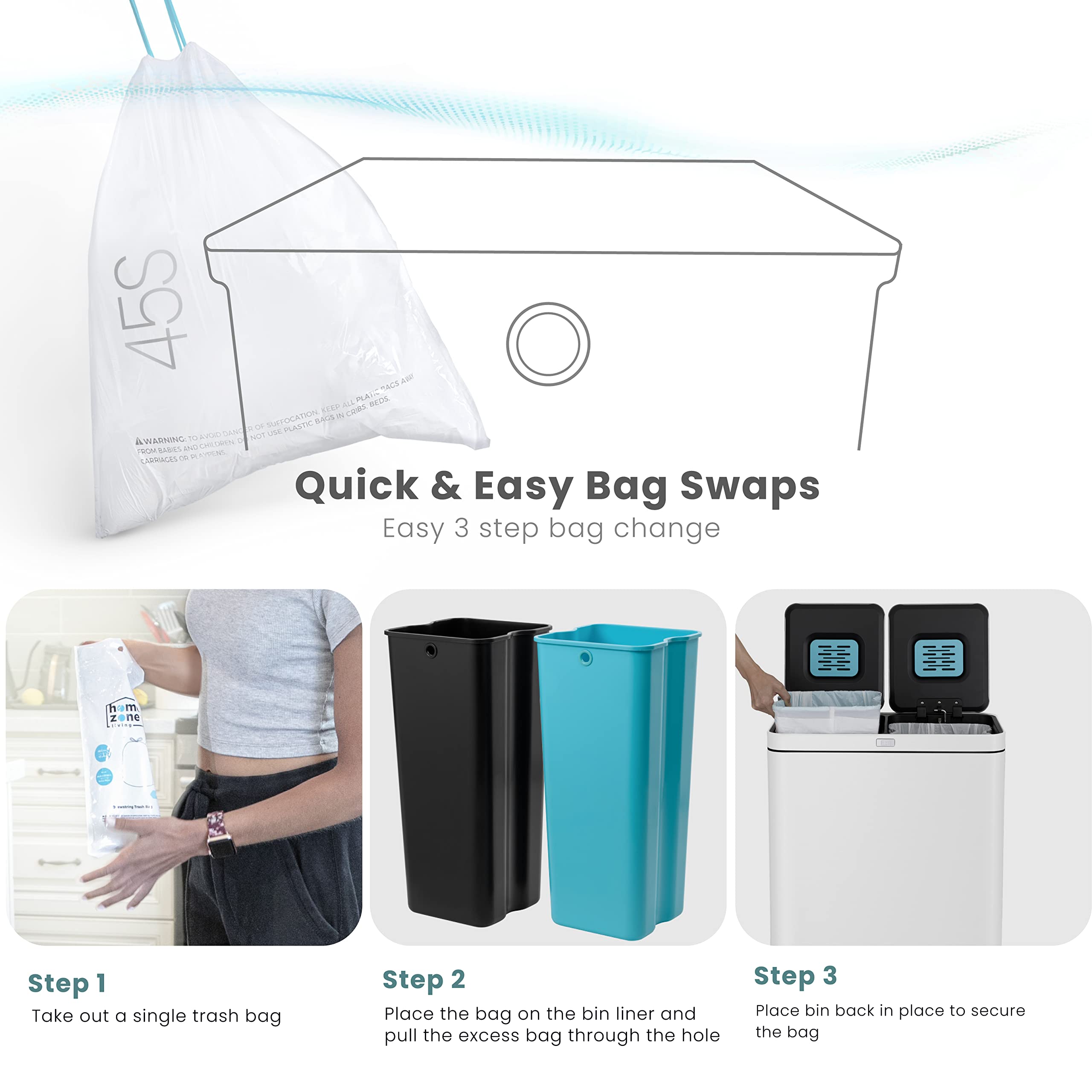 Home Zone Living 15.8 Gallon Kitchen Trash Can, Dual Removable Liners for Recycling and Trash, CleanAura Odor Control, Wide Stainless Steel Shape, Matte White (7.9 + 7.9 for 15.8 Gallon Total)