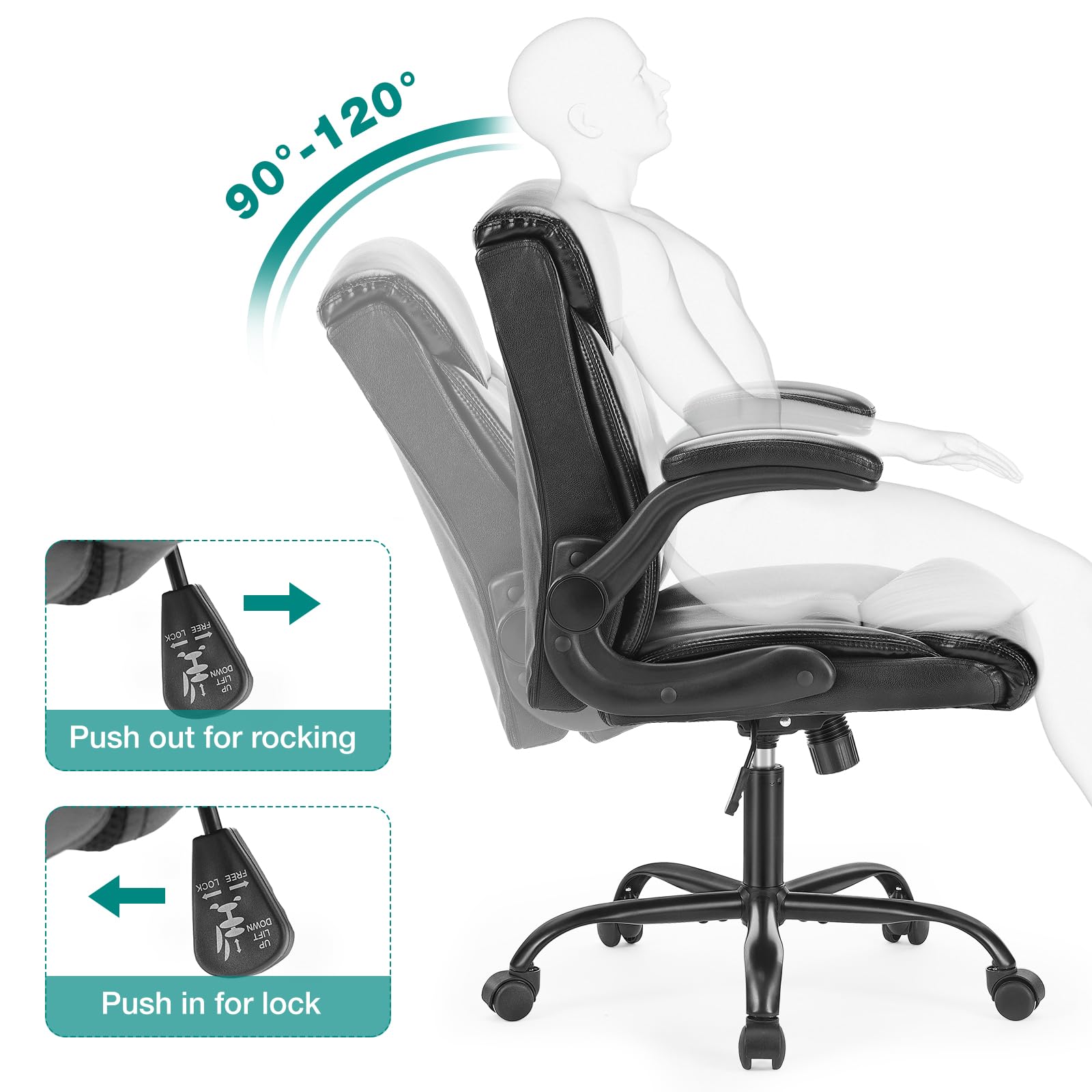 OLIXIS Office Computer Desk Chair with Flip-up Armrest Cushion Lumbar Back Support，Relieve Physical Fatigue, 20.08" D x 20.47" W x 43.14" H, Black