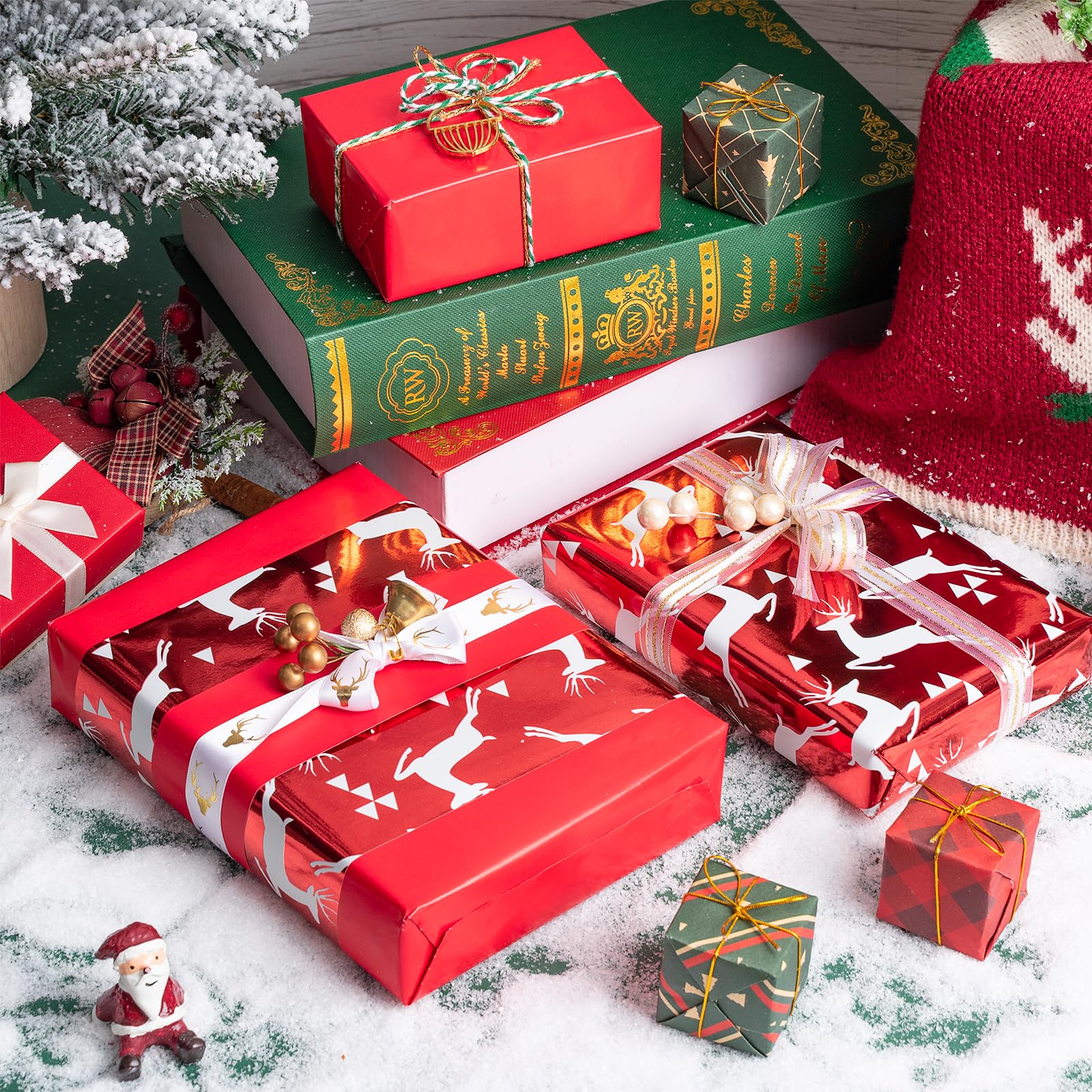 WRAPAHOLIC Reversible Christmas Wrapping Paper - Mini Roll - 17 Inch X 33 Feet - Red Reindeer and Solid Red Design with Metallic Foil Shine for Chrsitmas, Holiday, Party Celebration