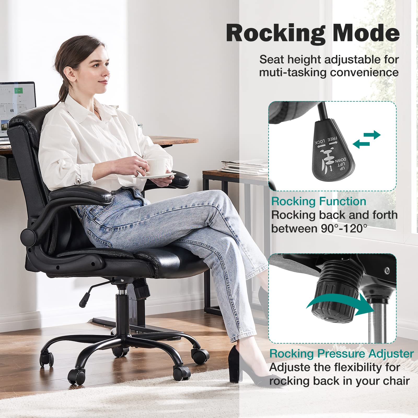OLIXIS Office Computer Desk Chair with Flip-up Armrest Cushion Lumbar Back Support，Relieve Physical Fatigue, 20.08" D x 20.47" W x 43.14" H, Black