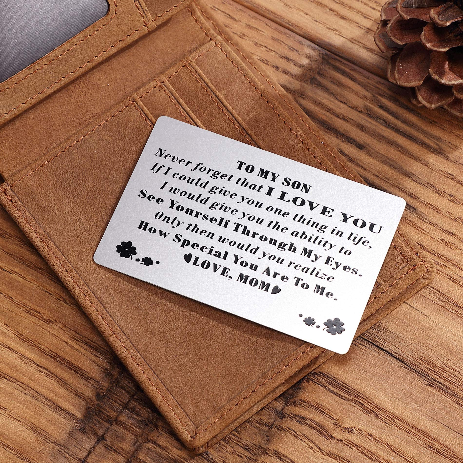 Personalized Engraved Wallet Insert Card for Son - I Love You - Graduation Birthday Christmas Deployment - Unique Message Metal Cards for Him from Mom Mather