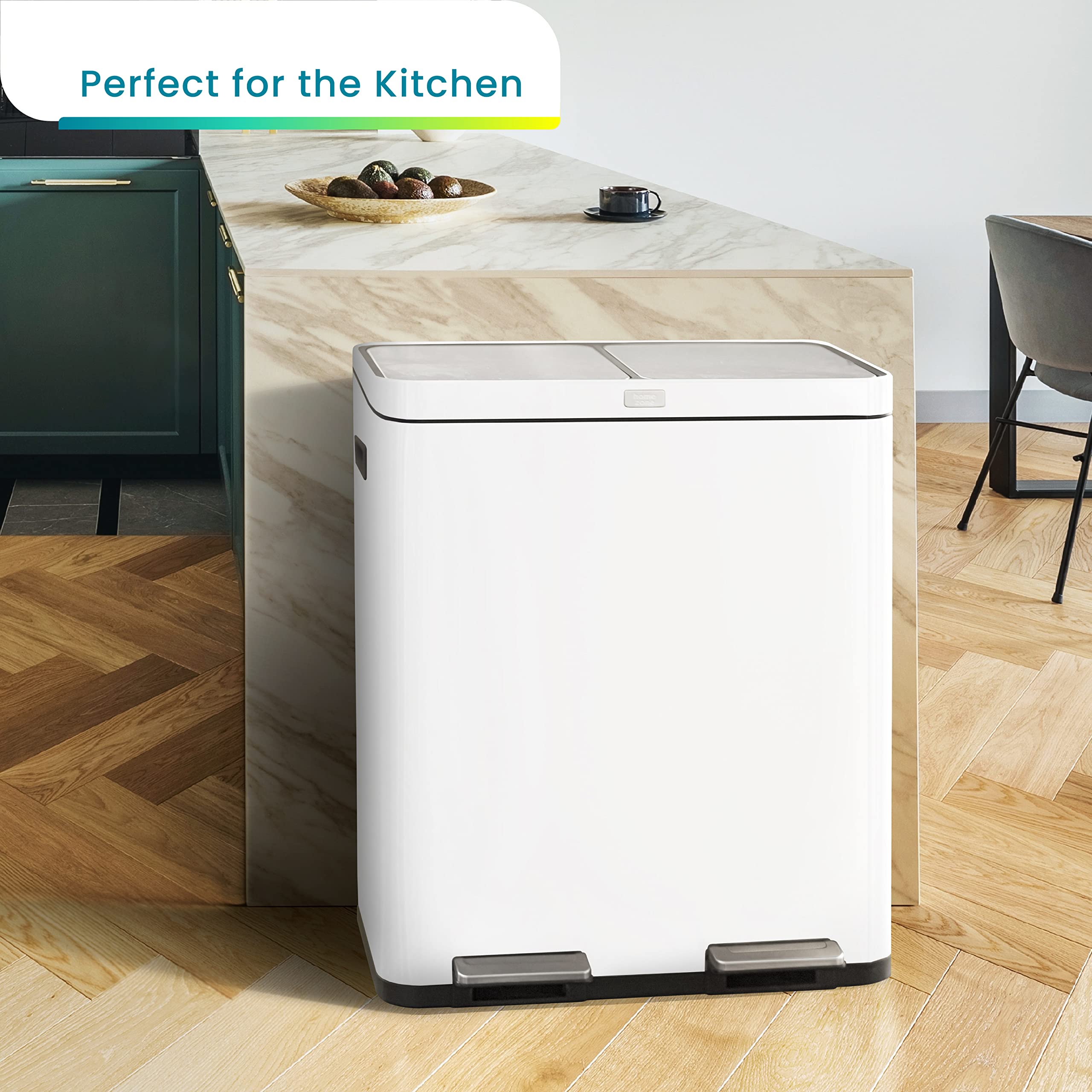 Home Zone Living 15.8 Gallon Kitchen Trash Can, Dual Removable Liners for Recycling and Trash, CleanAura Odor Control, Wide Stainless Steel Shape, Matte White (7.9 + 7.9 for 15.8 Gallon Total)