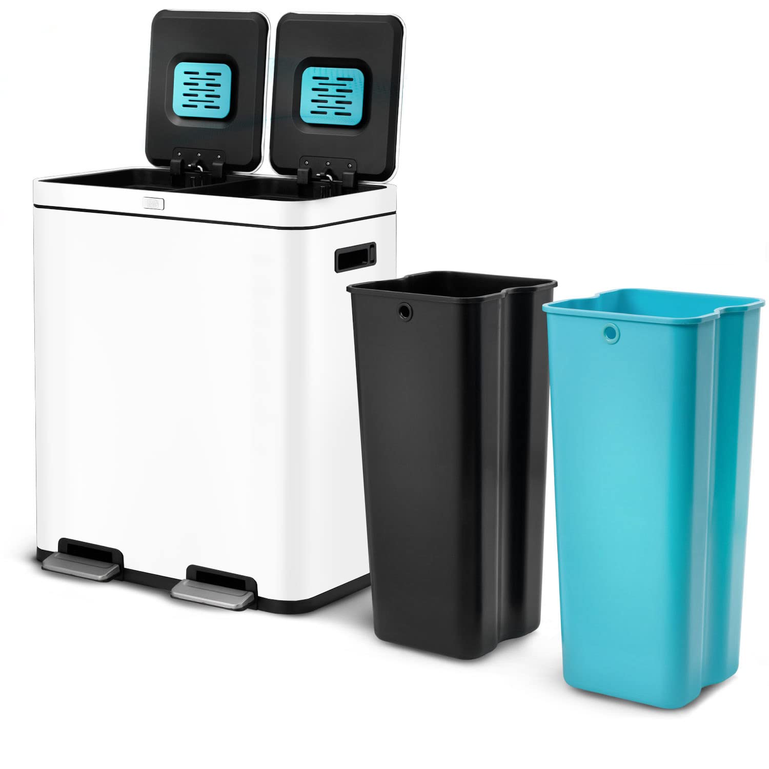 Home Zone Living 15.8 Gallon Kitchen Trash Can, Dual Removable Liners for Recycling and Trash, CleanAura Odor Control, Wide Stainless Steel Shape, Matte White (7.9 + 7.9 for 15.8 Gallon Total)