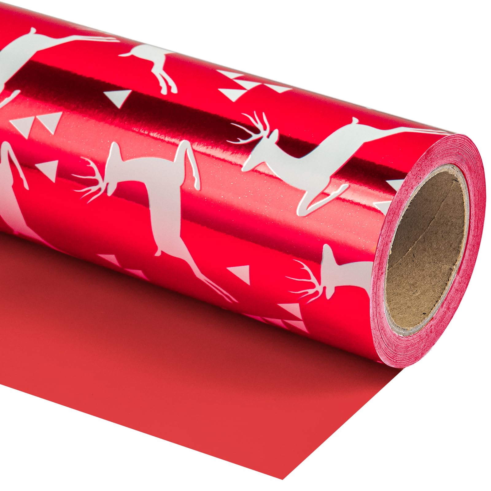 WRAPAHOLIC Reversible Christmas Wrapping Paper - Mini Roll - 17 Inch X 33 Feet - Red Reindeer and Solid Red Design with Metallic Foil Shine for Chrsitmas, Holiday, Party Celebration