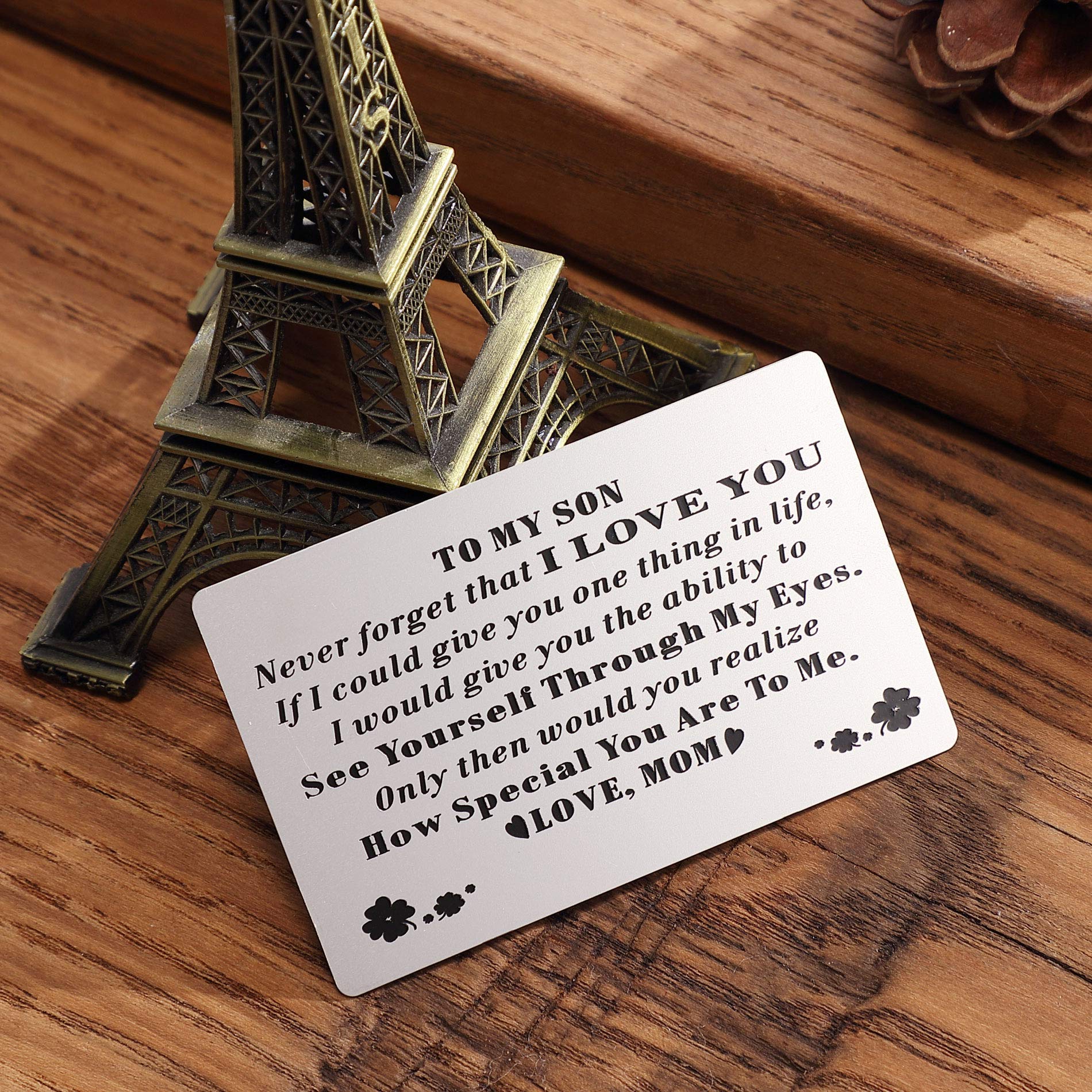 Personalized Engraved Wallet Insert Card for Son - I Love You - Graduation Birthday Christmas Deployment - Unique Message Metal Cards for Him from Mom Mather