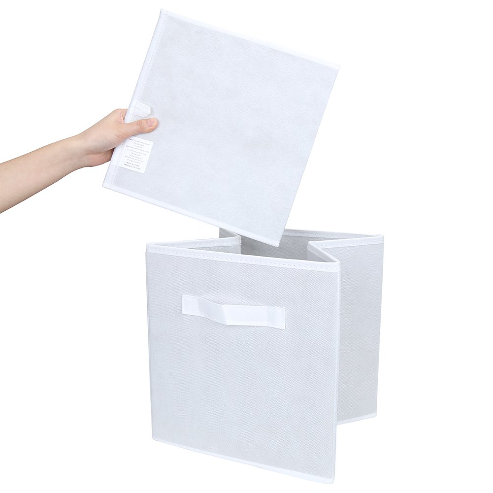 EZOWare Set of 10 Fabric Basket Bins, White Collapsible Organizer Storage Cube with Handles for Home, Bedroom, Baby Nursery, Kids Playroom - 10.5"x 10.5"x 11"