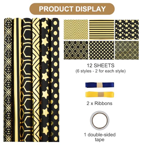 BEISHIDA 6 Styles Christmas Gift Wrapping Paper Set with Ribbon&Double-Sided Tape,Birthday Gift Wrapping Paper with Black Gold-Metallic Foil Design,DIY Craft,12 Sheets Folded 20x28in