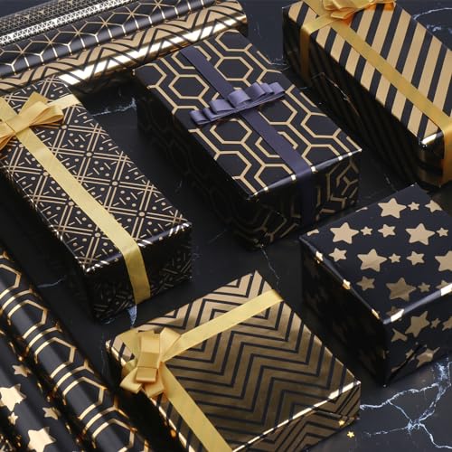 BEISHIDA 6 Styles Christmas Gift Wrapping Paper Set with Ribbon&Double-Sided Tape,Birthday Gift Wrapping Paper with Black Gold-Metallic Foil Design,DIY Craft,12 Sheets Folded 20x28in
